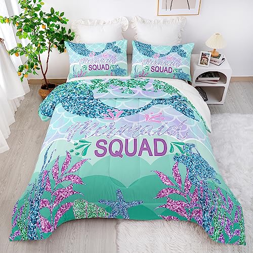 KTAbedding Mermaid Tail Comforter Sets Twin size Bedding Sets for Girls Teens Kids Teal,Easy Care,Cozy Lightweight,1 Comforter&2 Pillowcases Bed-in-a-Bag 3 pieces