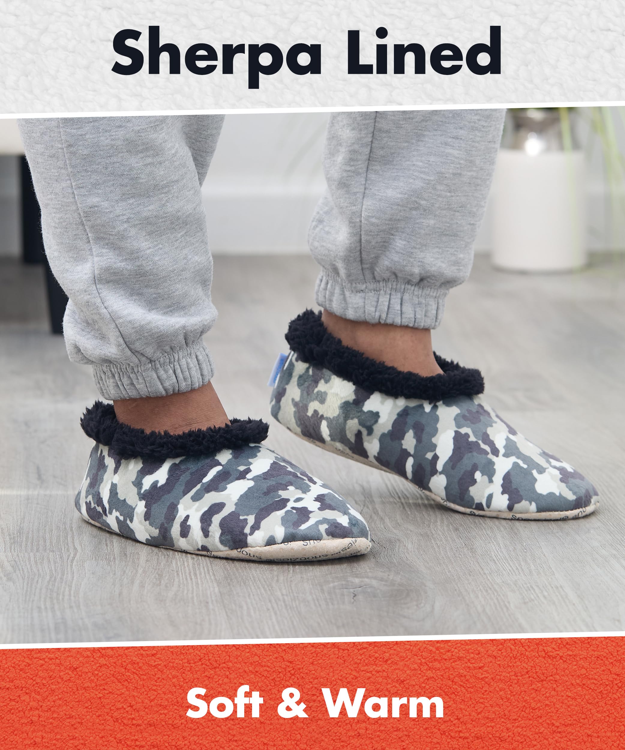 Snoozies Winter House Slippers with Sherpa Fleece Lining and Non-Skid Sole Mens Slippers Size 9-10 (Camo Grey, Medium)