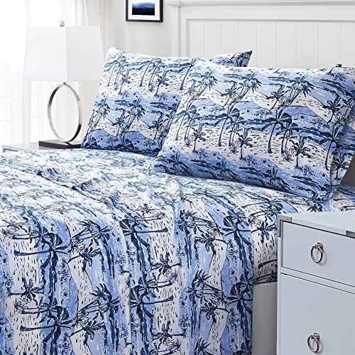 Tommy Hilfiger Palm Scene Printed Set of 3 Sheet Set - 1 Flat Sheet, 1 Fitted Sheet & 1 Pillowcase, Twin/TXL Size, Cotton (Blue)