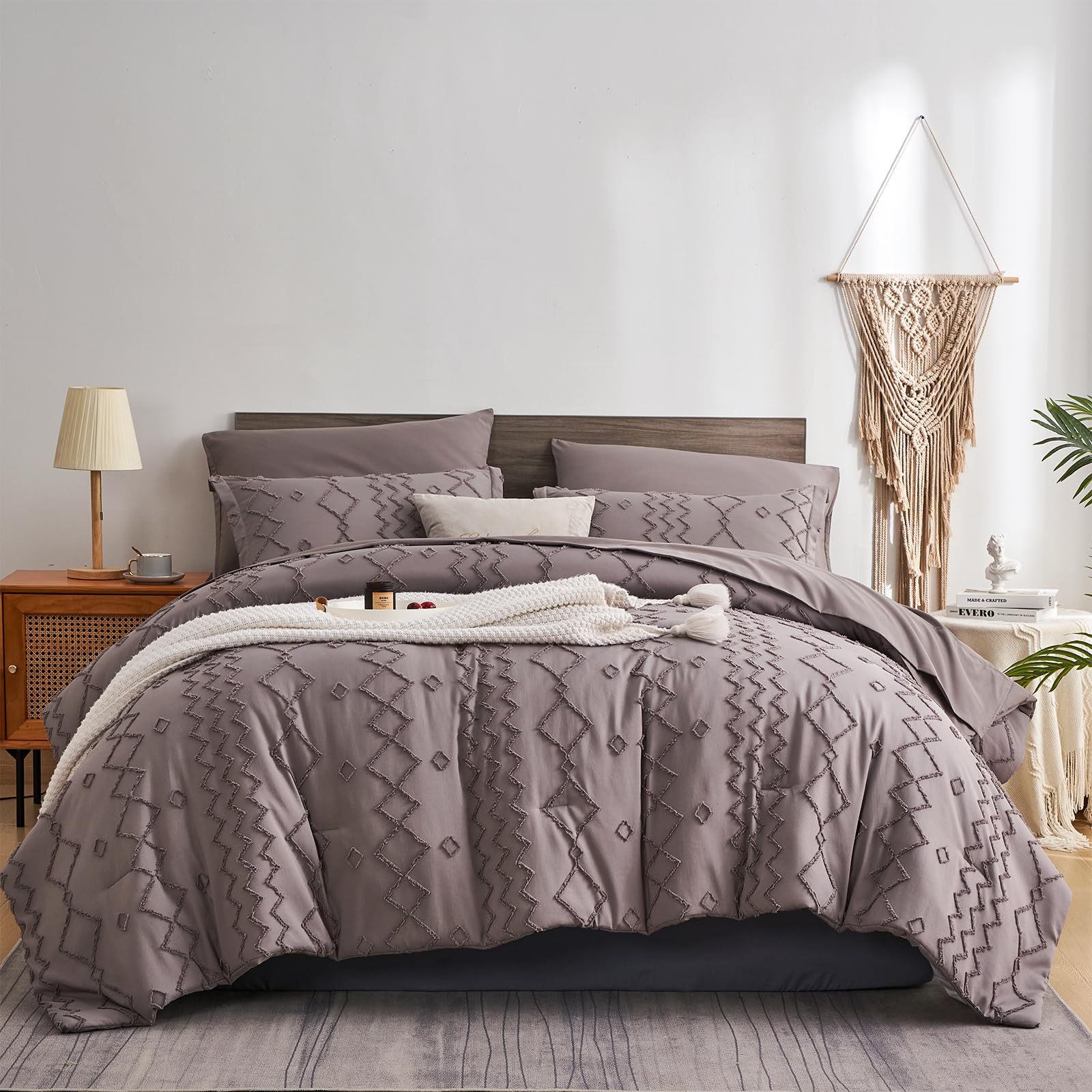 FLYMME Taupe Tufted Twin Comforter Set Bed in a Bag 7 Piece,Boho Shabby Chic Farmhouse Bedding Comforter with Sheets,Soft Lightweight Geometric Embroidery Comforter (Taupe, 68''x 86'')
