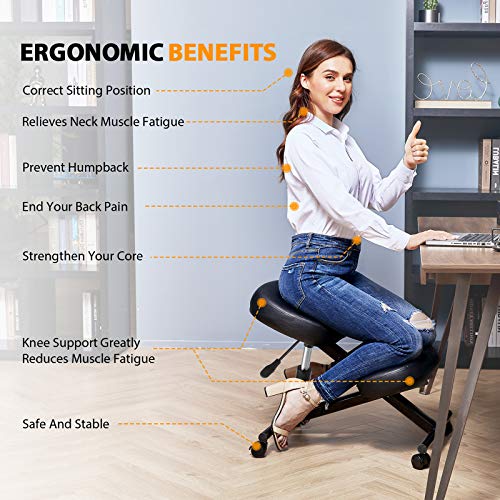 Ergonomic Kneeling Chair, Height Adjustable Stool with Thick Foam Cushions and Smooth Gliding Casters for Home and Office - Improve Posture to Relieve Neck & Back Pain, Angled Knee Stool