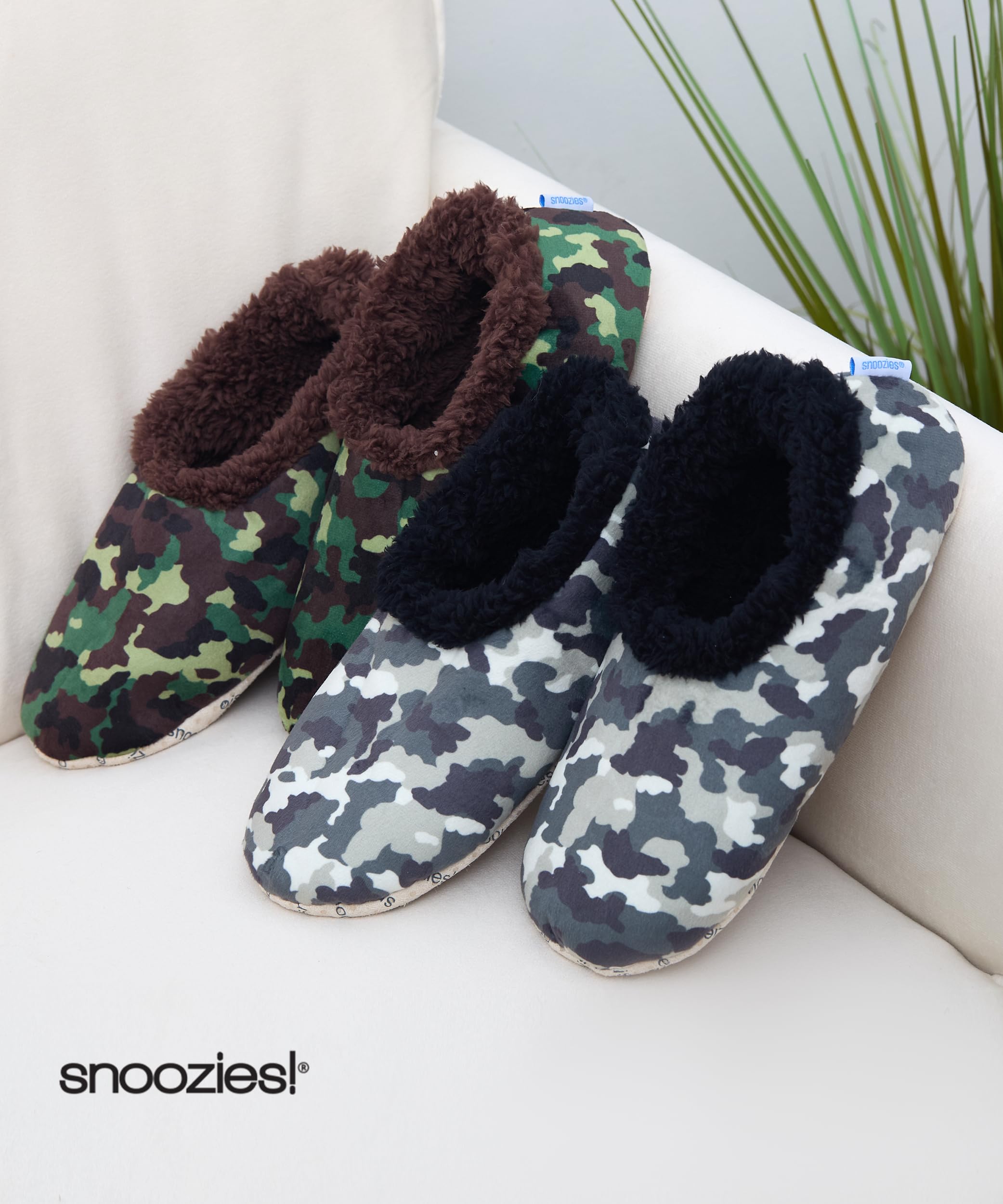 Snoozies Winter House Slippers with Sherpa Fleece Lining and Non-Skid Sole Mens Slippers Size 9-10 (Camo Grey, Medium)