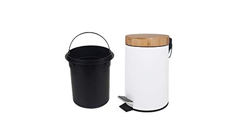 Small Bathroom Trash can with Pedal,Eco Friendly Bamboo lid Soft Close,0.8 Gal/3L .White Steel with Removable Inner bin.Strong &Anti Skid Pedal.Color Box.Unique & Boutique Style