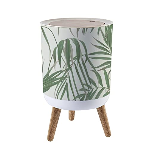 Trash Can with Lid Floral seamless green bamboo palm leaves on light brown pastel vintage theme Press Cover Small Garbage Bin Round with Wooden Legs Waste Basket for Bathroom Kitchen Bedroom 7L/1.8 Gallon