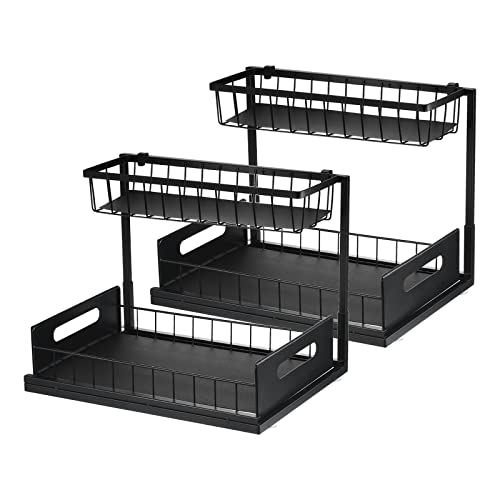 uxcell 2 Set Under Sink Organizers and Storage, 2 Tier Sliding Bathroom Cabinet Organizer Pull Out Kitchen Cabinet Organizer, Multi-Purpose Basket Organizer Drawer, White