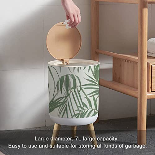 Trash Can with Lid Floral seamless green bamboo palm leaves on light brown pastel vintage theme Press Cover Small Garbage Bin Round with Wooden Legs Waste Basket for Bathroom Kitchen Bedroom 7L/1.8 Gallon