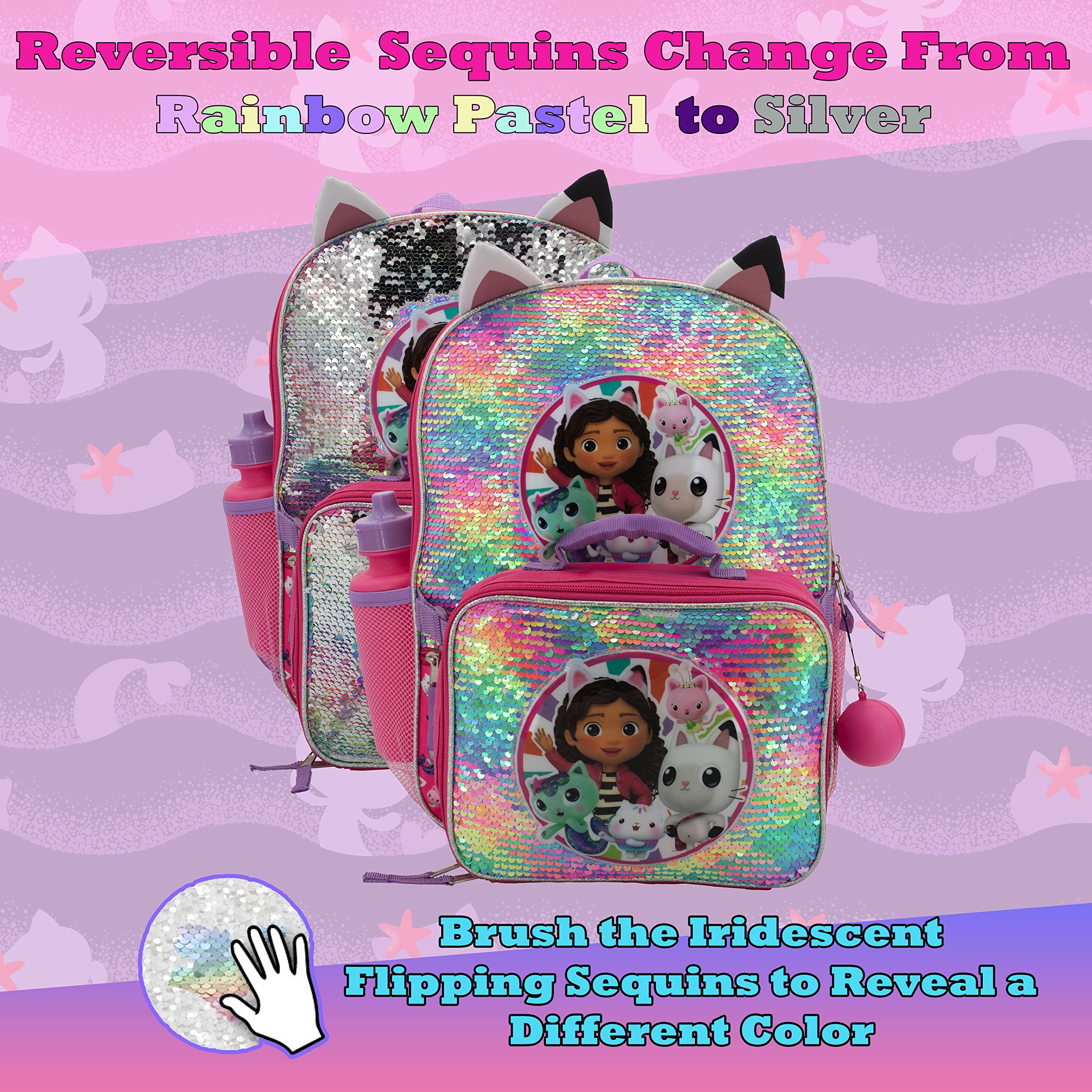 AI ACCESSORY INNOVATIONS Gabby’s Doll House 4 Piece Backpack Set, Flip Sequin 16" School Bag for Girls with Front Zip Pocket, Pink