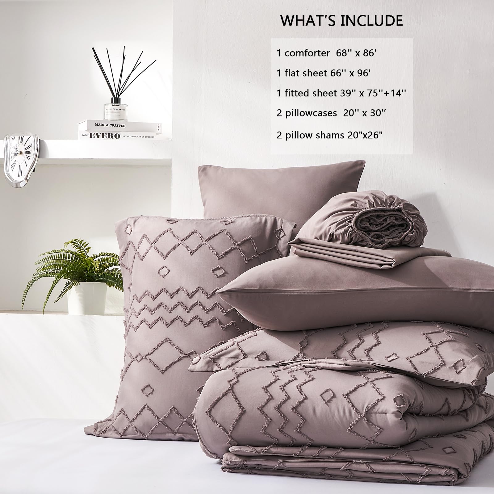 FLYMME Taupe Tufted Twin Comforter Set Bed in a Bag 7 Piece,Boho Shabby Chic Farmhouse Bedding Comforter with Sheets,Soft Lightweight Geometric Embroidery Comforter (Taupe, 68''x 86'')