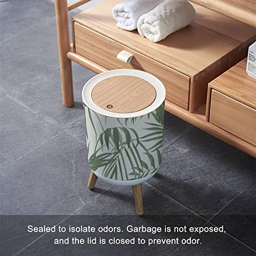 Trash Can with Lid Floral seamless green bamboo palm leaves on light brown pastel vintage theme Press Cover Small Garbage Bin Round with Wooden Legs Waste Basket for Bathroom Kitchen Bedroom 7L/1.8 Gallon