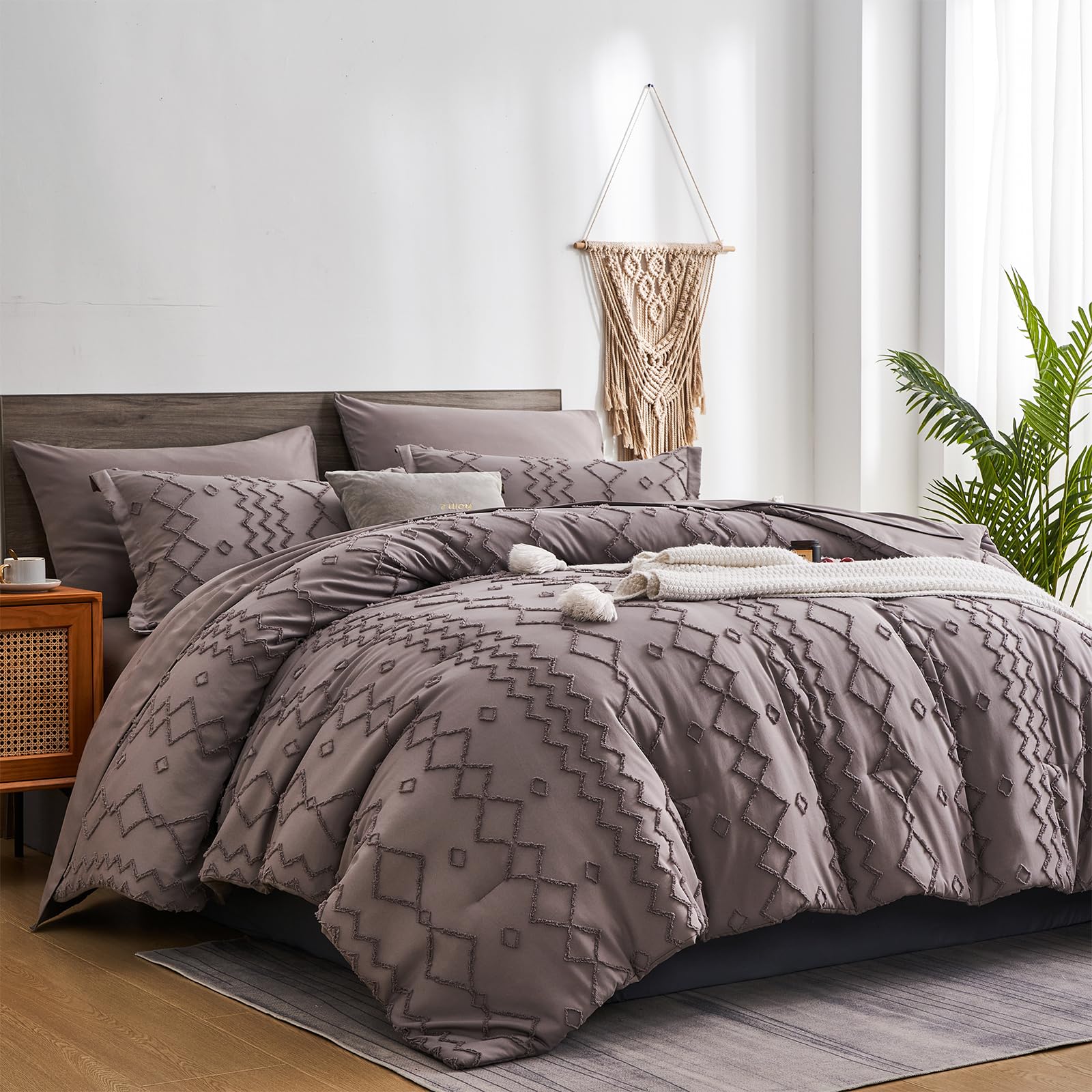 FLYMME Taupe Tufted Twin Comforter Set Bed in a Bag 7 Piece,Boho Shabby Chic Farmhouse Bedding Comforter with Sheets,Soft Lightweight Geometric Embroidery Comforter (Taupe, 68''x 86'')