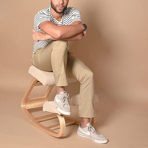 Sleekform Ergonomic Kneeling Chair - Home Office Rocking Desk Stool for Active Sitting - White Comfortable Cushions Wood