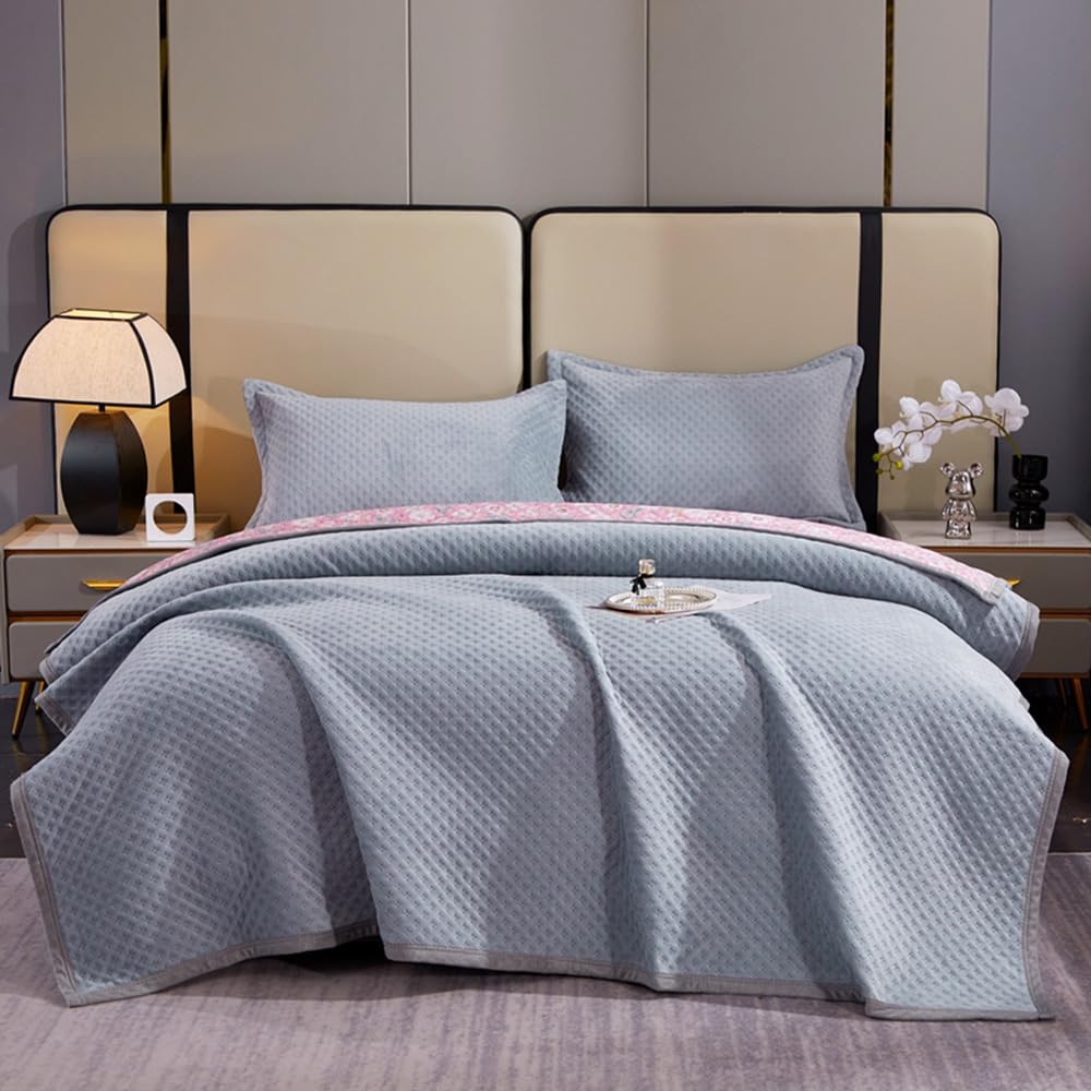 Mengersi Velvet Quilt Set Queen Size, Lightweight Waffle Comforter Set, Oversized Bedspread Coverlet Quilted Blanket Bedding Set, with 2 Matching Pillow Shams for All Season (Gray, Twin)