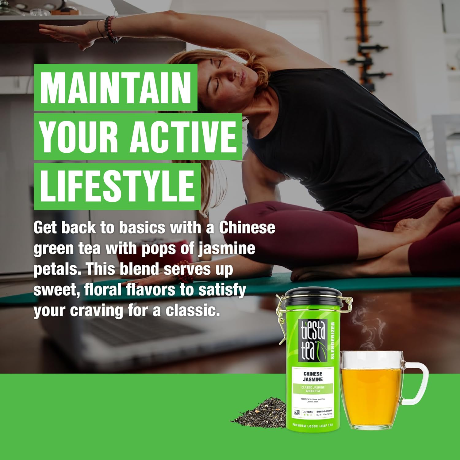 Tiesta Tea - Chinese Jasmine | Loose Leaf | Classic Jasmine Green Tea | Premium Blend | Medium Caffeinated Green Blend | Make Hot or Iced & Brews Up to 25 Cups | 1.8 Ounce Resealable Pouch