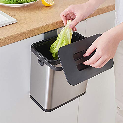 Kitchen Trash Can Hanging, Trash Can with, Stainless Steel Kitchen Trash can, Wall Mounted Trash Bin Waste Bin with Lid for Kitchen Cabinet Door, Stainless Steel Trash Can,Bathroom, Toilet, Bedroom