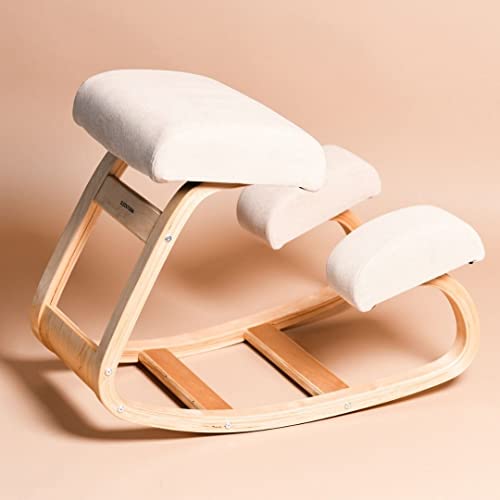 Sleekform Ergonomic Kneeling Chair - Home Office Rocking Desk Stool for Active Sitting - White Comfortable Cushions Wood