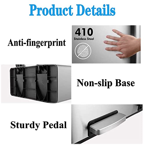Increkid Dual Trash Can, 16 Gal Stainless Steel Rubbish Bin, Large Garbage Cans for Kitchen with Recycling Bin, Recycle Dustbin w/Removable Inner Buckets, Soft-close and Airtight Lid, Handles, 60L (Silver)