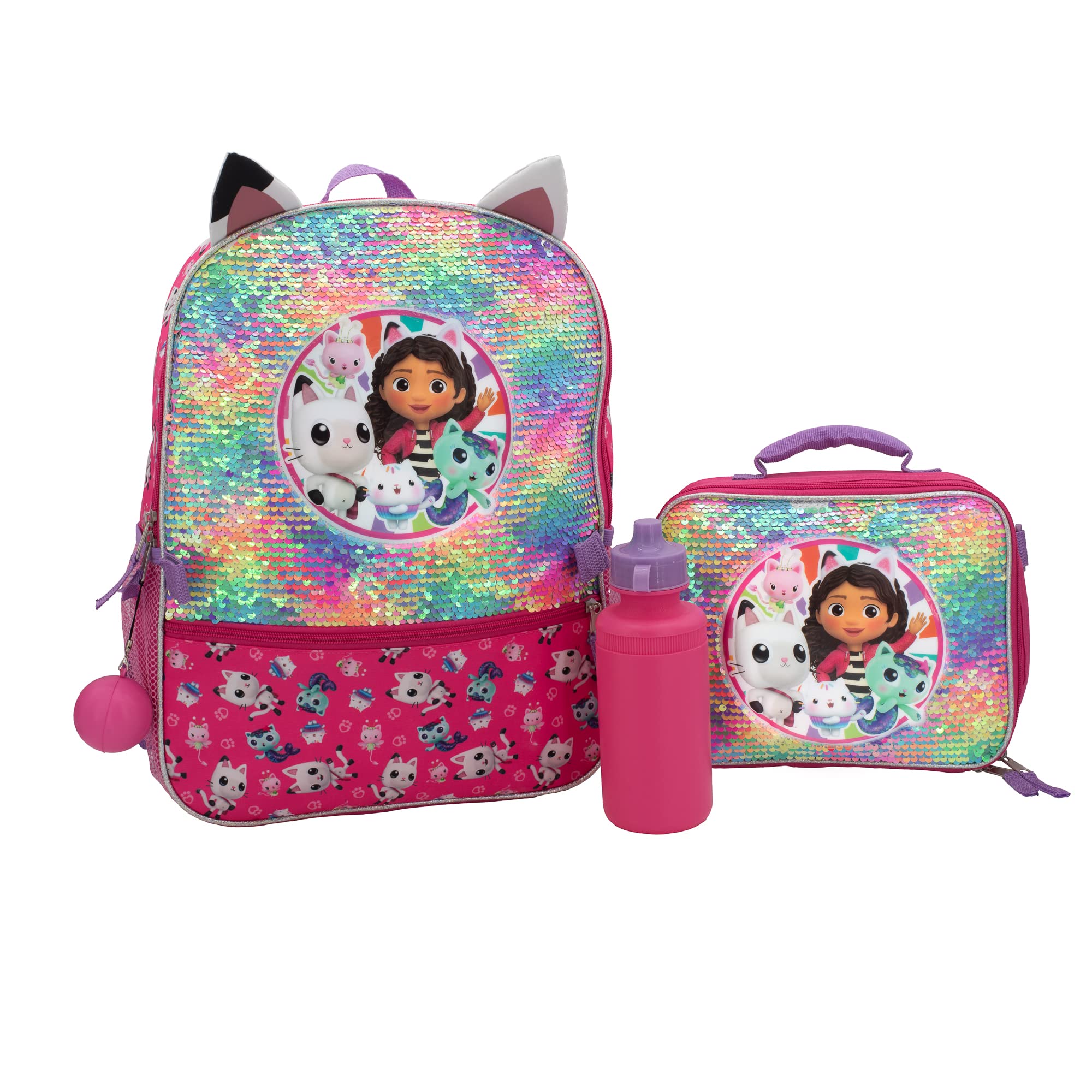 AI ACCESSORY INNOVATIONS Gabby’s Doll House 4 Piece Backpack Set, Flip Sequin 16" School Bag for Girls with Front Zip Pocket, Pink