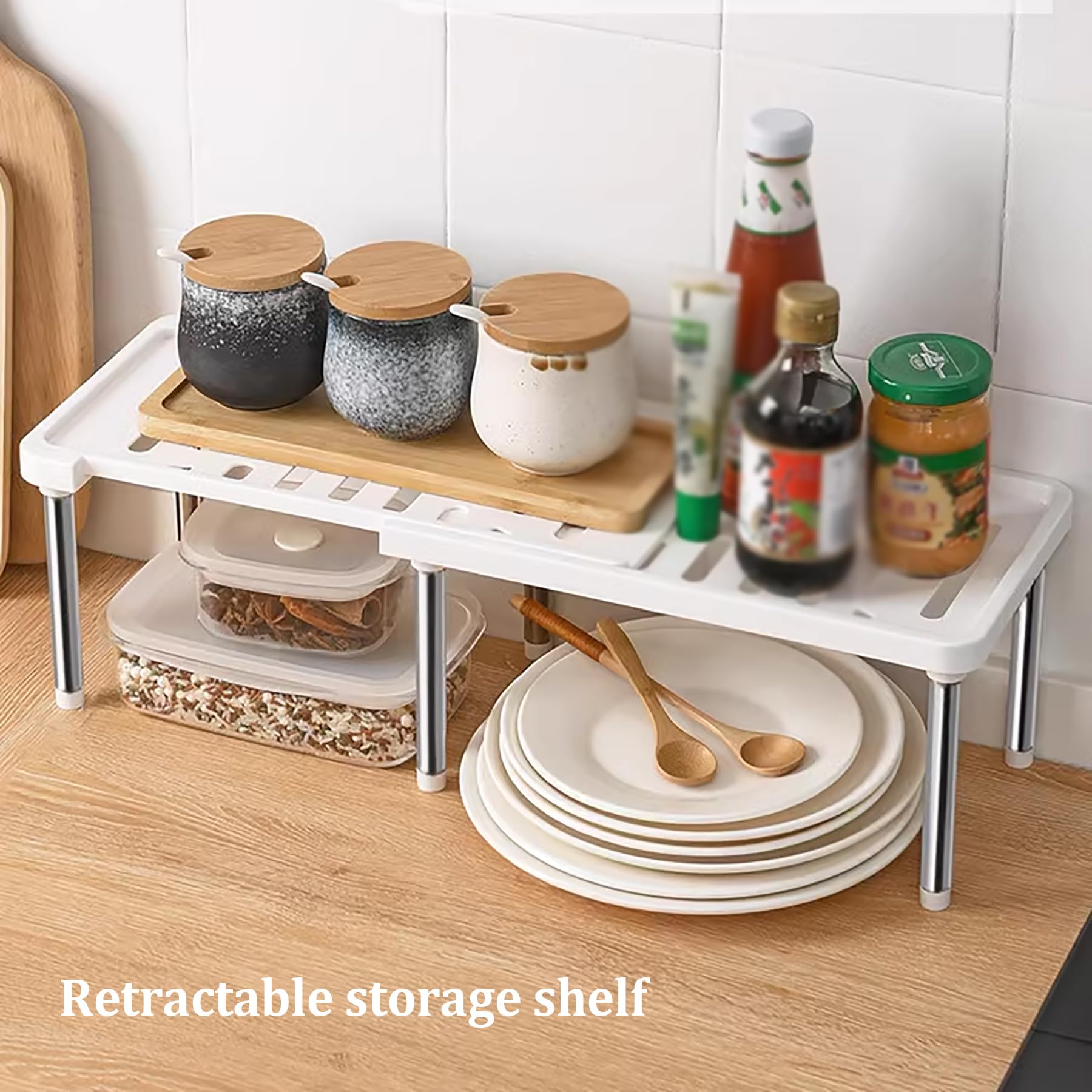 Atkits Adjustable Shelf Organizer Expandable Under Sink Organizer and Storage Multi-Use Under Kitchen Cabinet Storage Shelf,White