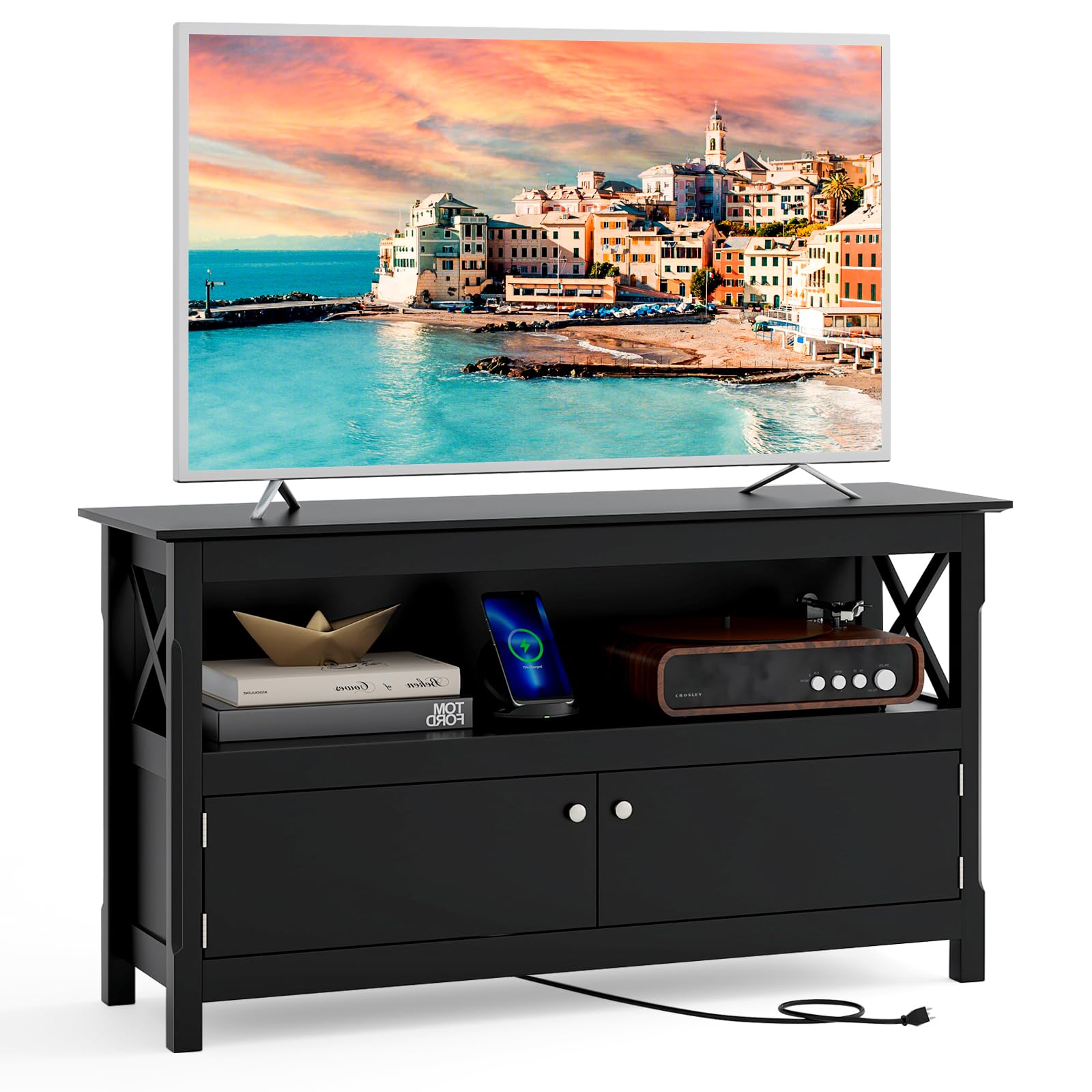 Tangkula Farmhouse TV Stand for TVs up to 50 Inch, Media Entertainment Center with Charging Station, USB & Type C Ports, Storage Shelf & 2 Cabinets, Television Console Table for Living Room (Black)