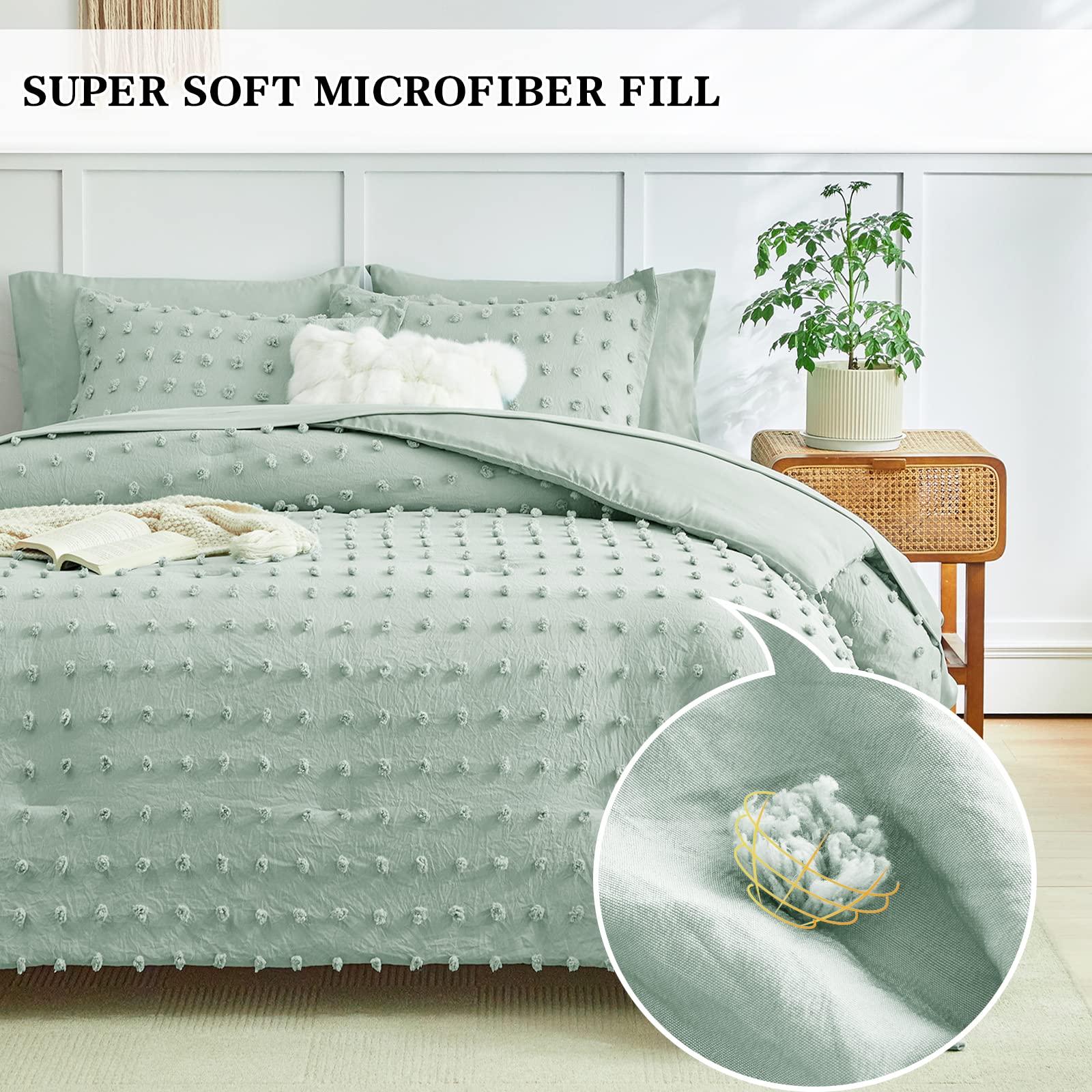 6 Pieces Tufted Dots Bed in a Bag Twin Comforter Set with Sheets Green , Soft and Embroidery Shabby Chic Boho Bohemian Comforters, Solid Color with Pom Pom Design, Jacquard Tufts Bedding Set for Kids