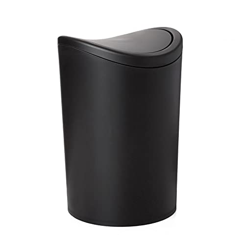 Superio Small Plastic Bathroom Trash Can with Lid 6 Liter, Black Mini Waste Bin 0.75 Gallon, Modern Flat Lid Step On Trash Can with Foot Pedal, Bathroom, Bedroom, Office, Under Desk, Soft Close