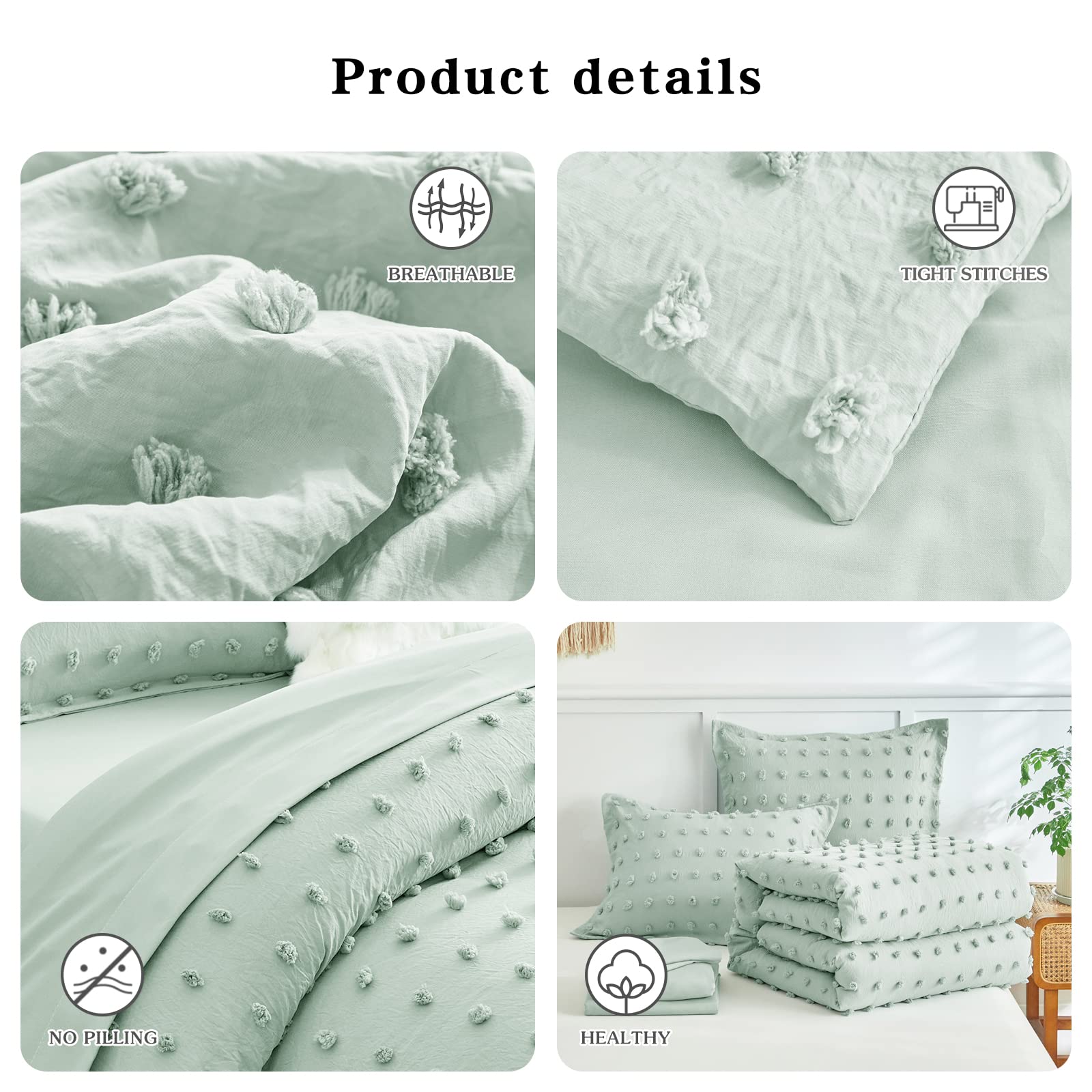 6 Pieces Tufted Dots Bed in a Bag Twin Comforter Set with Sheets Green , Soft and Embroidery Shabby Chic Boho Bohemian Comforters, Solid Color with Pom Pom Design, Jacquard Tufts Bedding Set for Kids