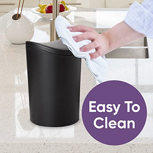 Superio Small Plastic Bathroom Trash Can with Lid 6 Liter, Black Mini Waste Bin 0.75 Gallon, Modern Flat Lid Step On Trash Can with Foot Pedal, Bathroom, Bedroom, Office, Under Desk, Soft Close