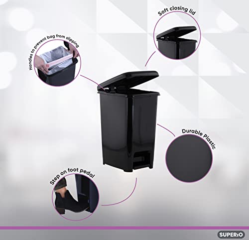 Superio Slim Pedal Trash Can, 64 Qt. (Black), Large Trash Can with Step-On Pedal, Durable Material Home and Kitchen Trash Can 16 Gallons