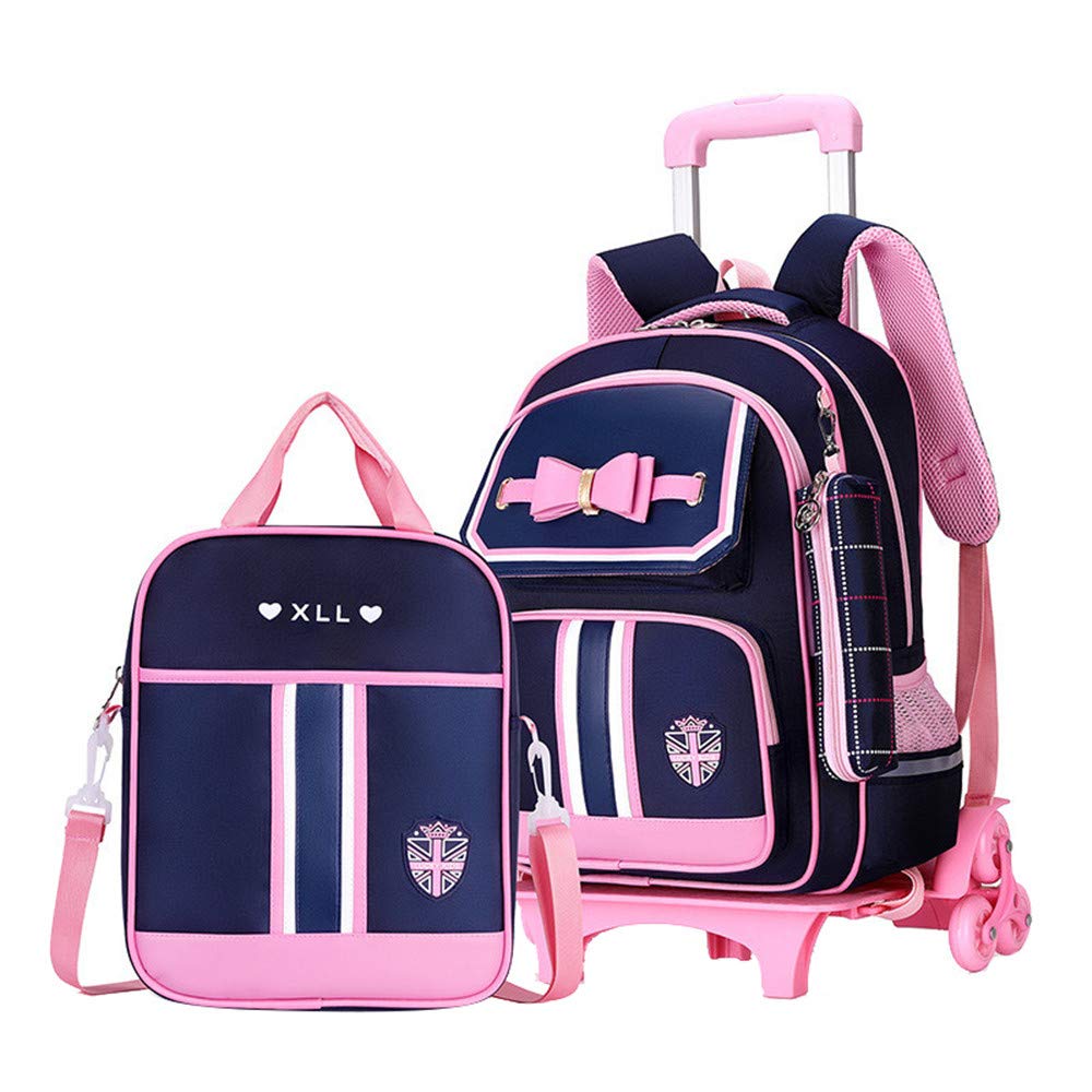 MITOWERMI Rolling Backpack for Girls Cute Trolley Bags Primary School Bookbags with Wheels Kids Carry-On Wheeled Backpack with Lunch Bag