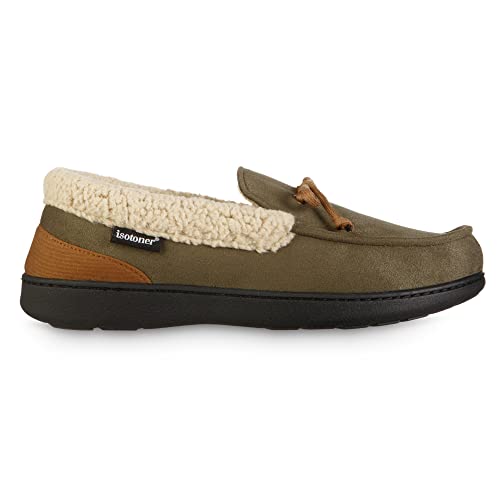 isotoner Men's Recycled Advanced Memory Foam Microsuede Vincent ECO Comfort Moccasin Slippers, Loden, 9.5-10.5