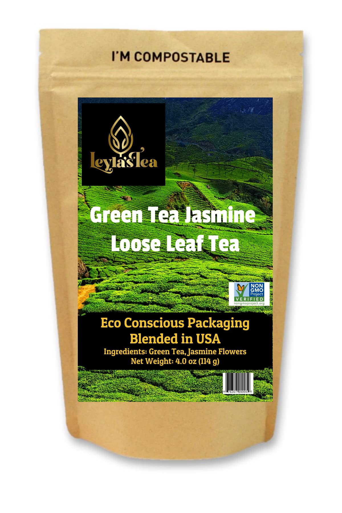 Green Tea Jasmine Loose Leaf Tea 4 OZ | Eco-Conscious Biodegradable Kraft Bag | by Leyla's Tea