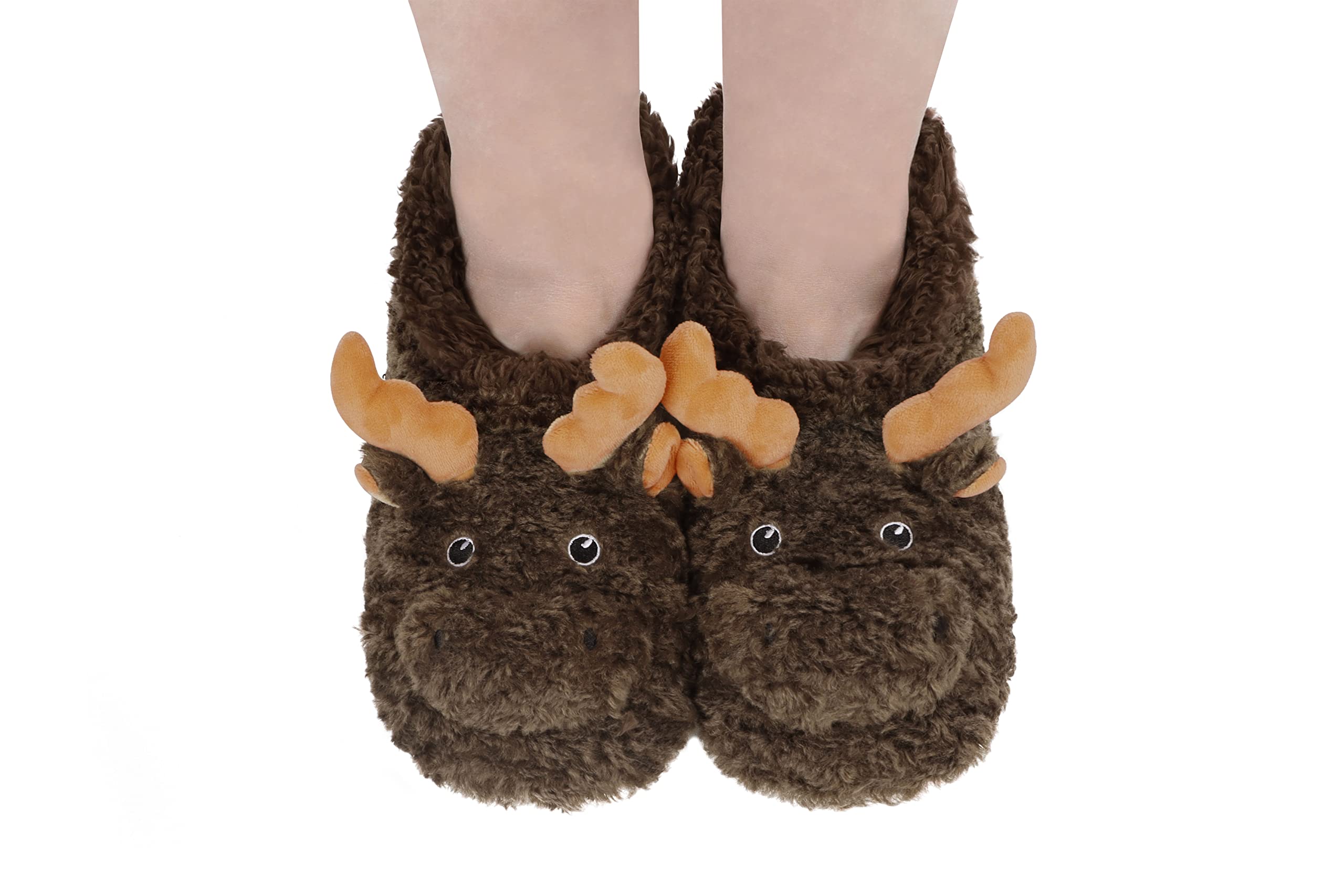 Snoozies Mens Slipper Socks - Moose Mountain Animal Slippers for Men, Non-Slip Fuzzy Slipper Socks