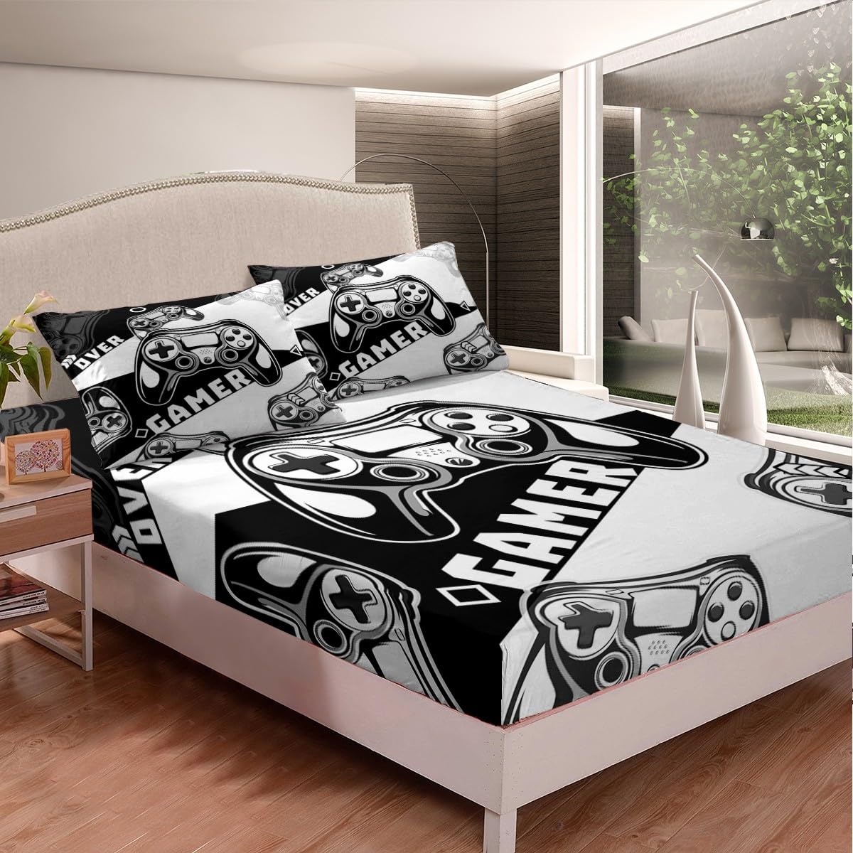Erosebridal Gamer Fitted Sheet for Boys Girls Kids Teens,Video Game Bedding Set Twin Size,Gaming Bed Sheets Gamer Room Decor,White Black Gamepad Controller Bed Set with 1 Pillowcase