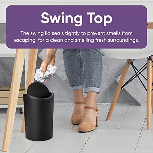 Superio Small Plastic Bathroom Trash Can with Lid 6 Liter, Black Mini Waste Bin 0.75 Gallon, Modern Flat Lid Step On Trash Can with Foot Pedal, Bathroom, Bedroom, Office, Under Desk, Soft Close