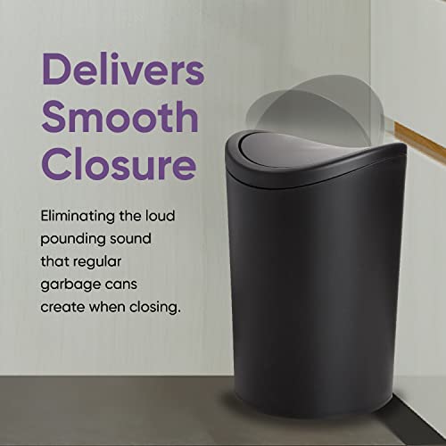 Superio Small Plastic Bathroom Trash Can with Lid 6 Liter, Black Mini Waste Bin 0.75 Gallon, Modern Flat Lid Step On Trash Can with Foot Pedal, Bathroom, Bedroom, Office, Under Desk, Soft Close