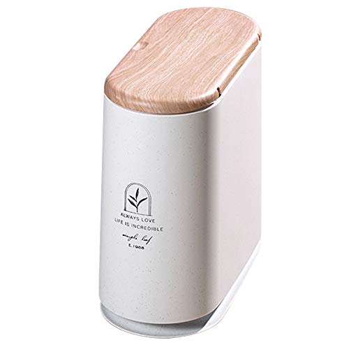 3.2Gal/12.1L Oval Slim Trash Can - Nordic Style Garbage Can with Lid - White Plastic Trash Can w/ Press Top Wood Grain Lid - Space Saving Kitchen Trash Can w/ Double Barrel Removable Plastic Bin Liner