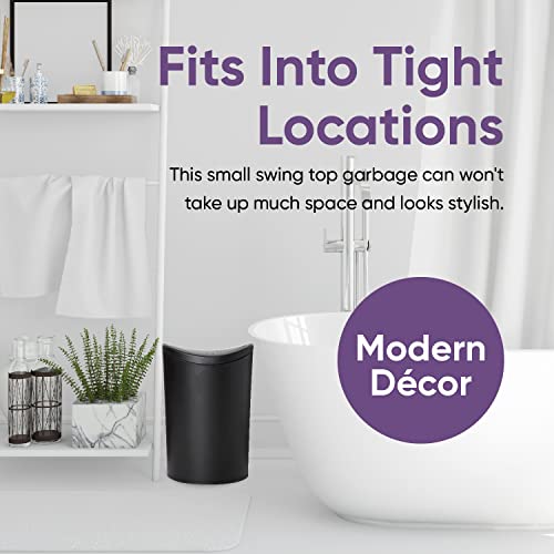 Superio Small Plastic Bathroom Trash Can with Lid 6 Liter, Black Mini Waste Bin 0.75 Gallon, Modern Flat Lid Step On Trash Can with Foot Pedal, Bathroom, Bedroom, Office, Under Desk, Soft Close