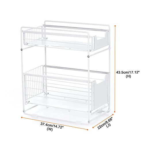 METALLIXITY Under Sink Cabinet Organizer with Sliding Drawers (14.7"x 17.1"), 2-Tier Metal Pull-Out Cabinet Organizer - Suitable for Kitchen, Bathroom, Pantry, Cabinet - White