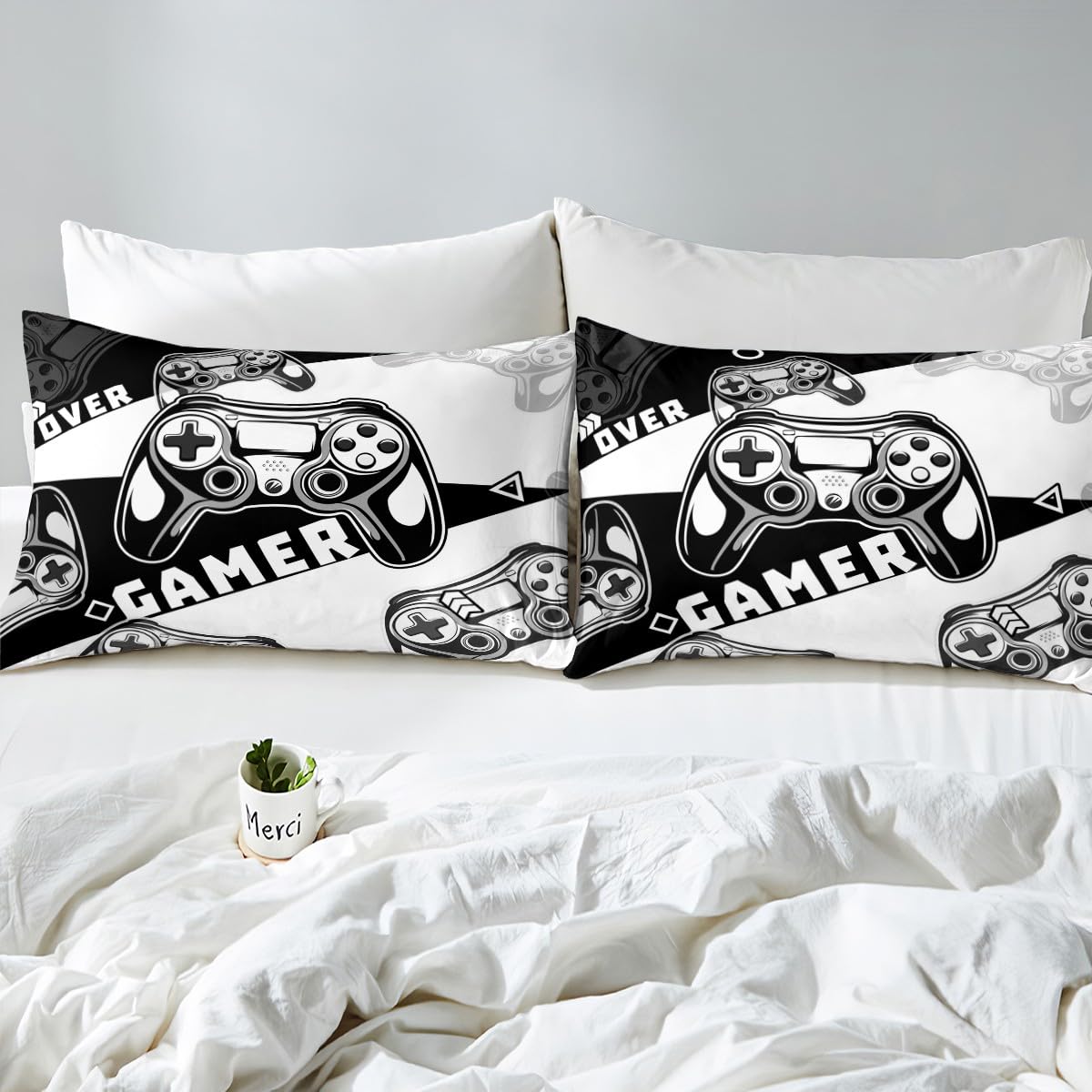 Erosebridal Gamer Fitted Sheet for Boys Girls Kids Teens,Video Game Bedding Set Twin Size,Gaming Bed Sheets Gamer Room Decor,White Black Gamepad Controller Bed Set with 1 Pillowcase