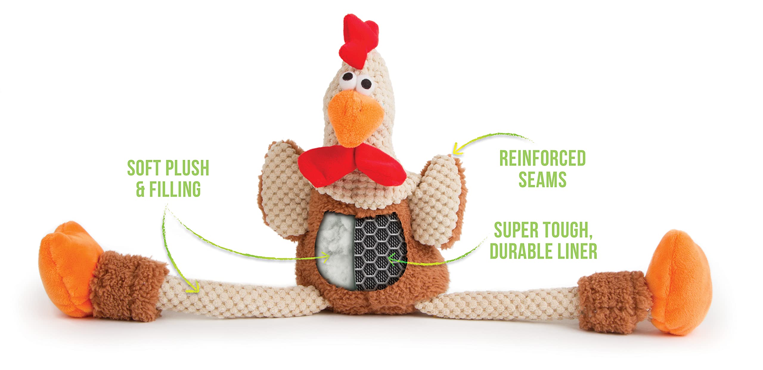 goDog Checkers Skinny Rooster Squeaky Plush Dog Toy, Chew Guard Technology - Brown, Large
