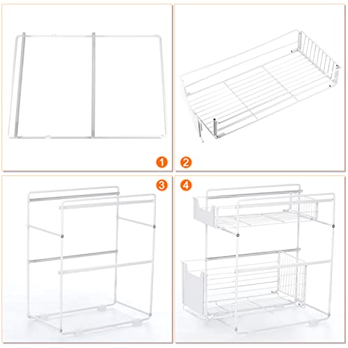 METALLIXITY Under Sink Cabinet Organizer with Sliding Drawers (14.7"x 17.1"), 2-Tier Metal Pull-Out Cabinet Organizer - Suitable for Kitchen, Bathroom, Pantry, Cabinet - White