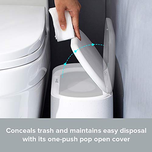 3.2Gal/12.1L Oval Slim Trash Can - Nordic Style Garbage Can with Lid - White Plastic Trash Can w/ Press Top Wood Grain Lid - Space Saving Kitchen Trash Can w/ Double Barrel Removable Plastic Bin Liner
