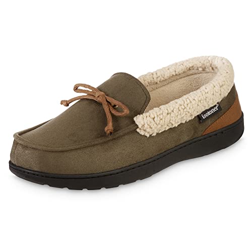 isotoner Men's Recycled Advanced Memory Foam Microsuede Vincent ECO Comfort Moccasin Slippers, Loden, 9.5-10.5
