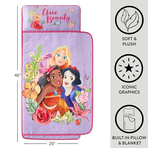 Disney Princess Super Soft Plush Toddler Quilted Nap Mat with Built in Blanket and Pillow, 20" Wx46 L