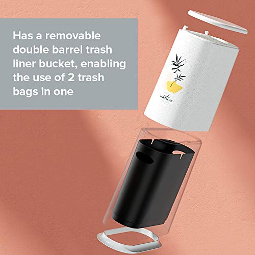 3.2Gal/12.1L Oval Slim Trash Can - Nordic Style Garbage Can with Lid - White Plastic Trash Can w/ Press Top Wood Grain Lid - Space Saving Kitchen Trash Can w/ Double Barrel Removable Plastic Bin Liner