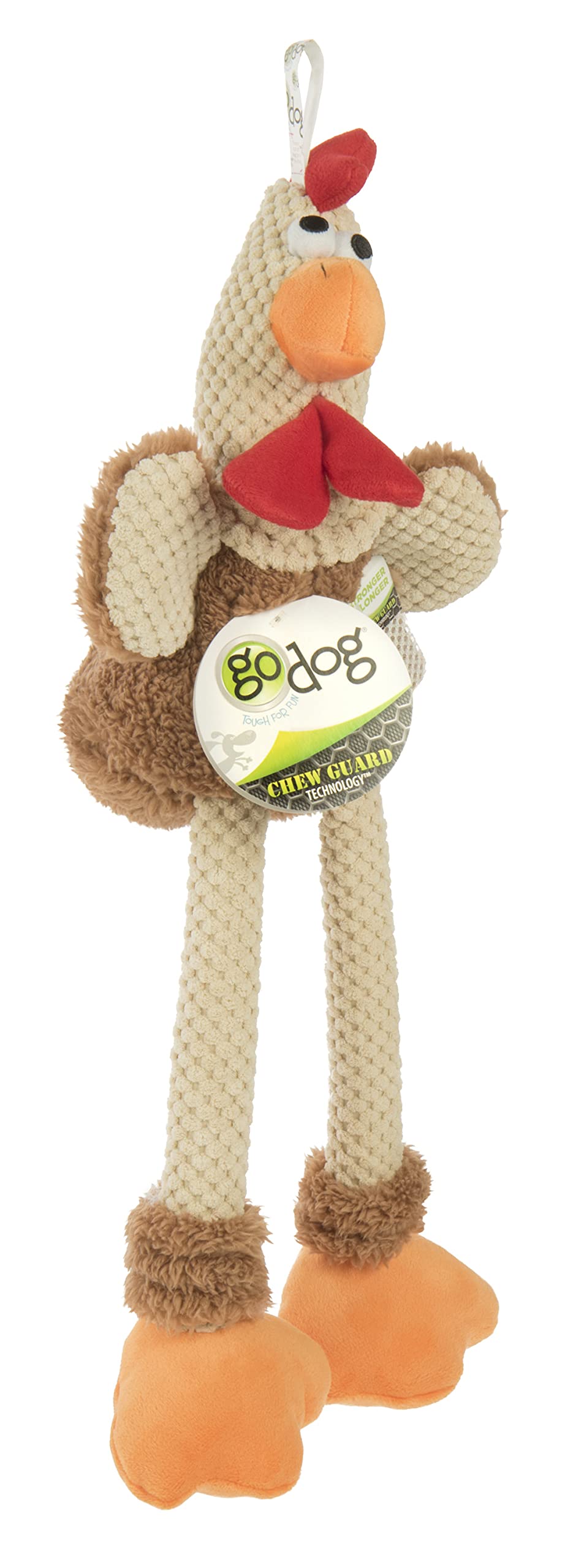 goDog Checkers Skinny Rooster Squeaky Plush Dog Toy, Chew Guard Technology - Brown, Large