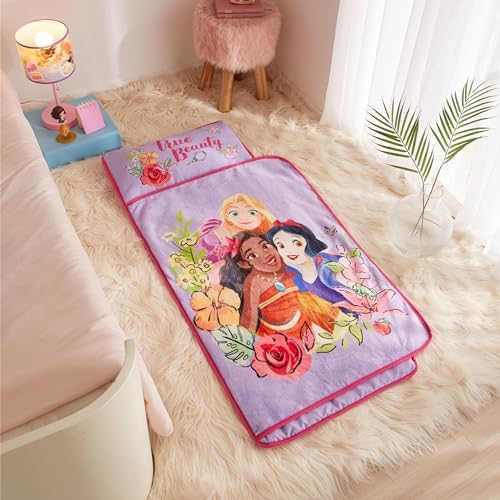 Disney Princess Super Soft Plush Toddler Quilted Nap Mat with Built in Blanket and Pillow, 20" Wx46 L
