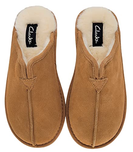 Clarks Mens Open Back Suede Leather Slipper - Plush Faux Fur Lining - Indoor Outdoor House Slippers For Men (13 M US, TAN)