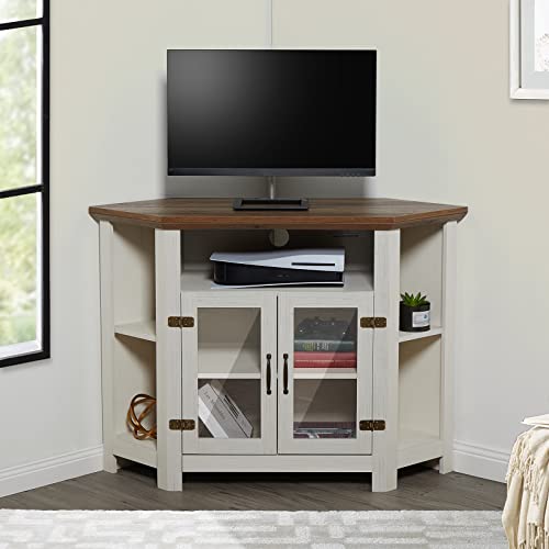 AMERLIFE Corner TV Stand for TV's up to 48", 44 Inch Modern Farmhouse Wood Entertainment Center, TV Console with Double Doors and Storage Cabinets for Living Room, Distressed White