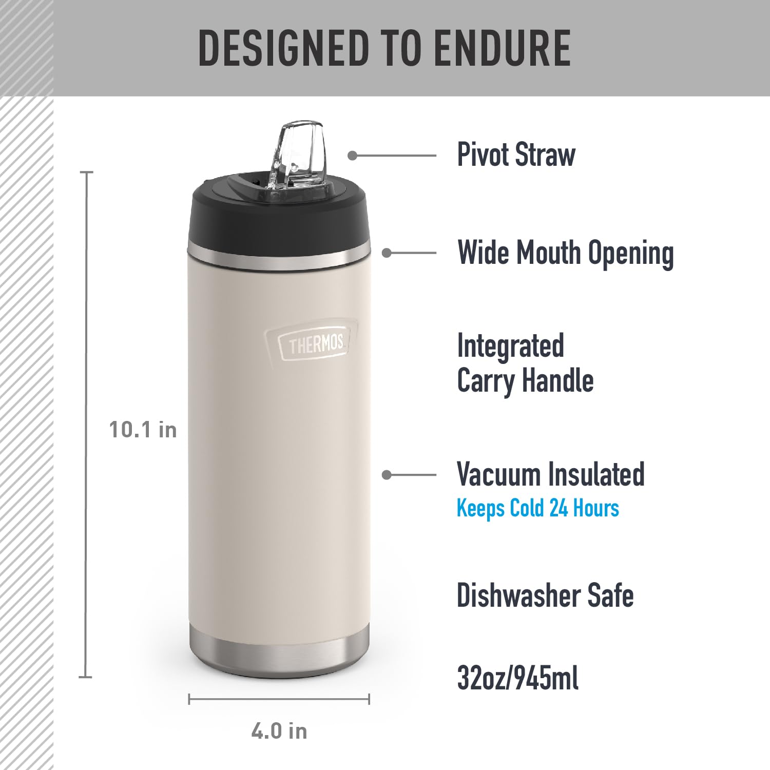 ICON SERIES BY THERMOS Stainless Steel Water Bottle with Straw Lid, 32 Ounce, Sandstone